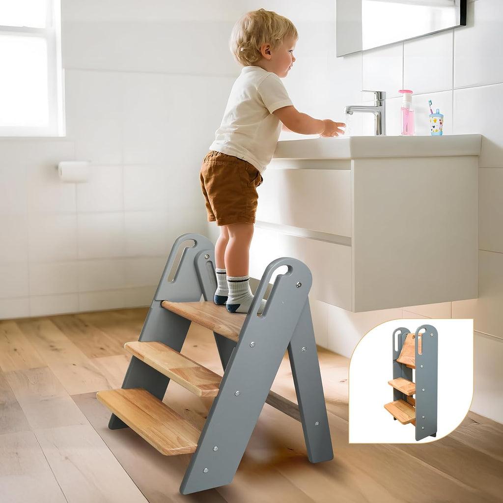 PRVAETU 3 layer Wooden Toddler Step Stool for Bathroom Sink, Foldable ...