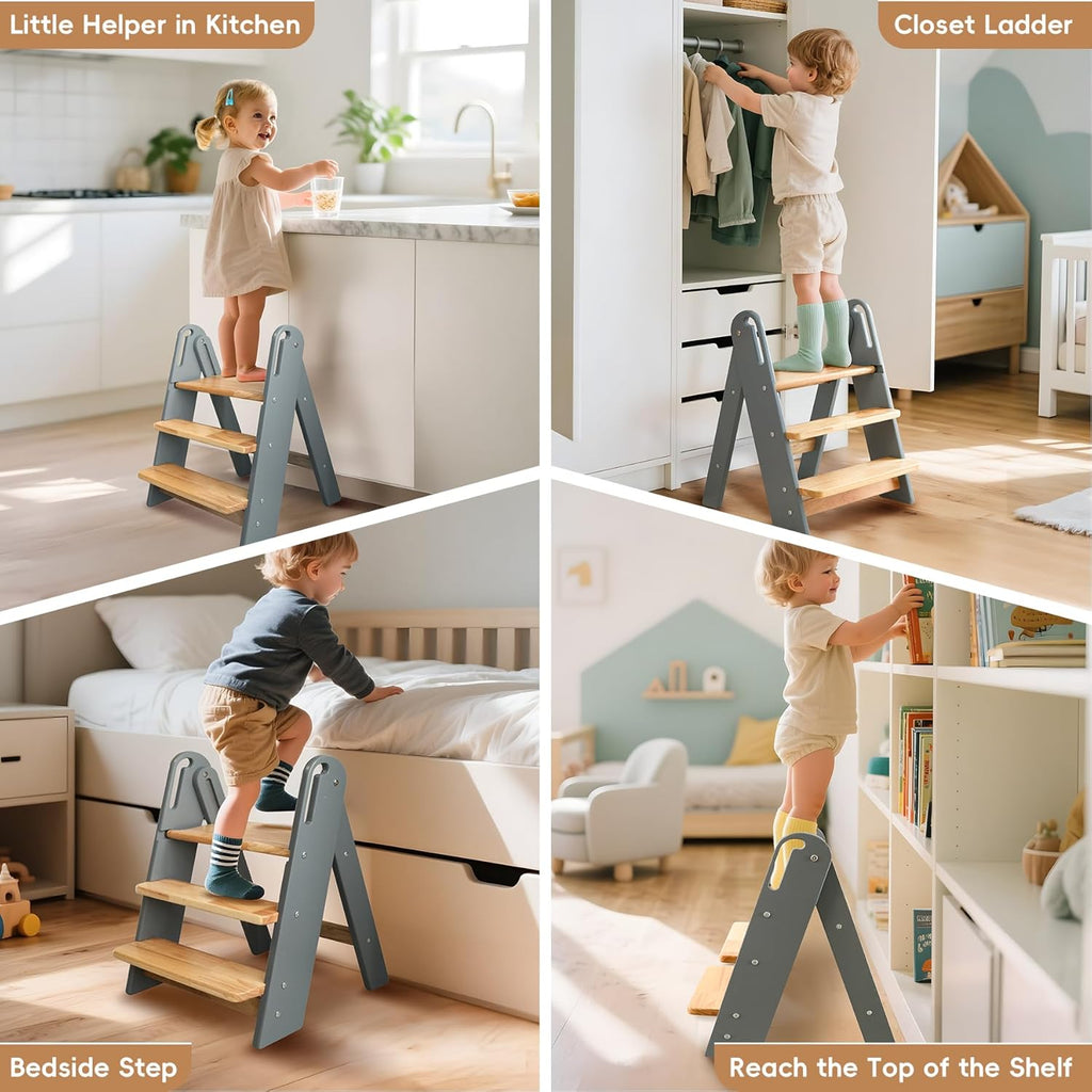 PRVAETU 3 layer Wooden Toddler Step Stool for Bathroom Sink, Foldable ...